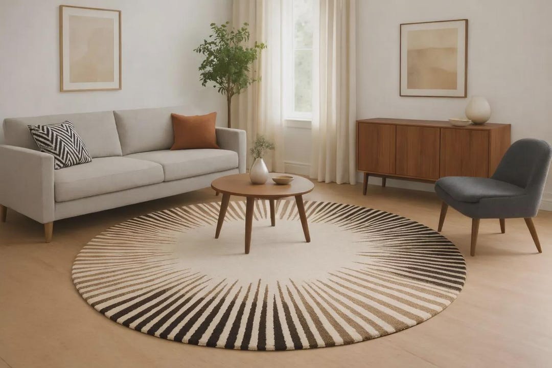 Beige Brown Round Sunburst Rug Radiating Pattern Area Carpet for Living ...