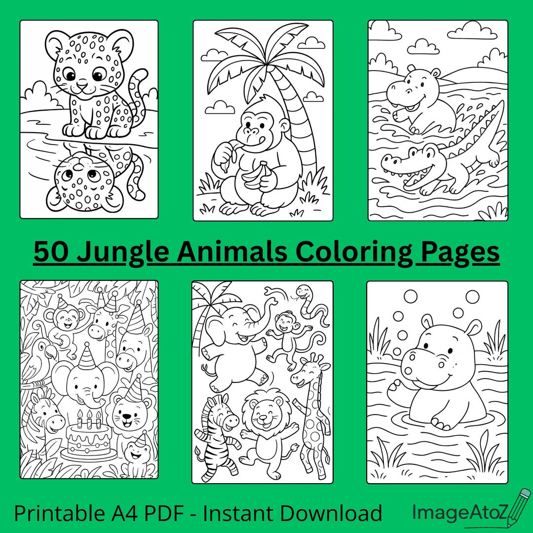 50 Jungle Animals Coloring Pages: Kids A4 Printable (PDF Pattern) - Etsy