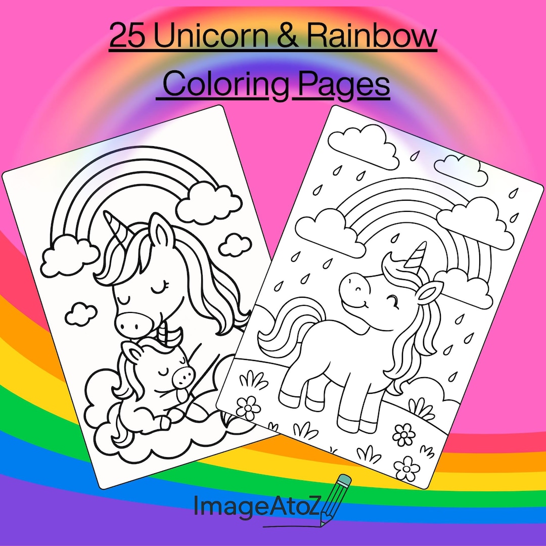 25 Unicorn & Rainbow Coloring Pages - Printable A4 PDF - Etsy