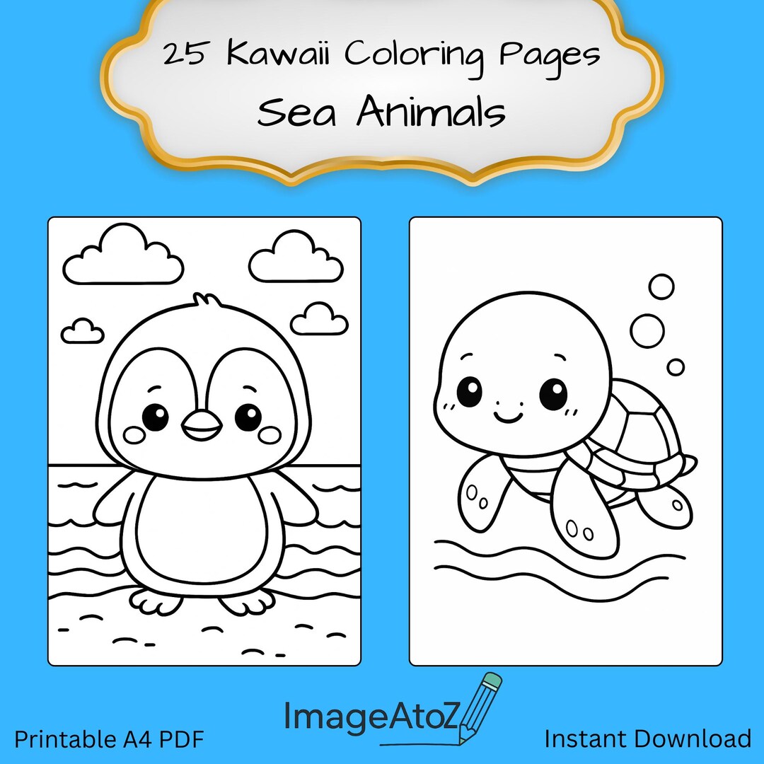 25 Kawaii Sea Animals Coloring Pages - Printable A4 (PDF) - Etsy