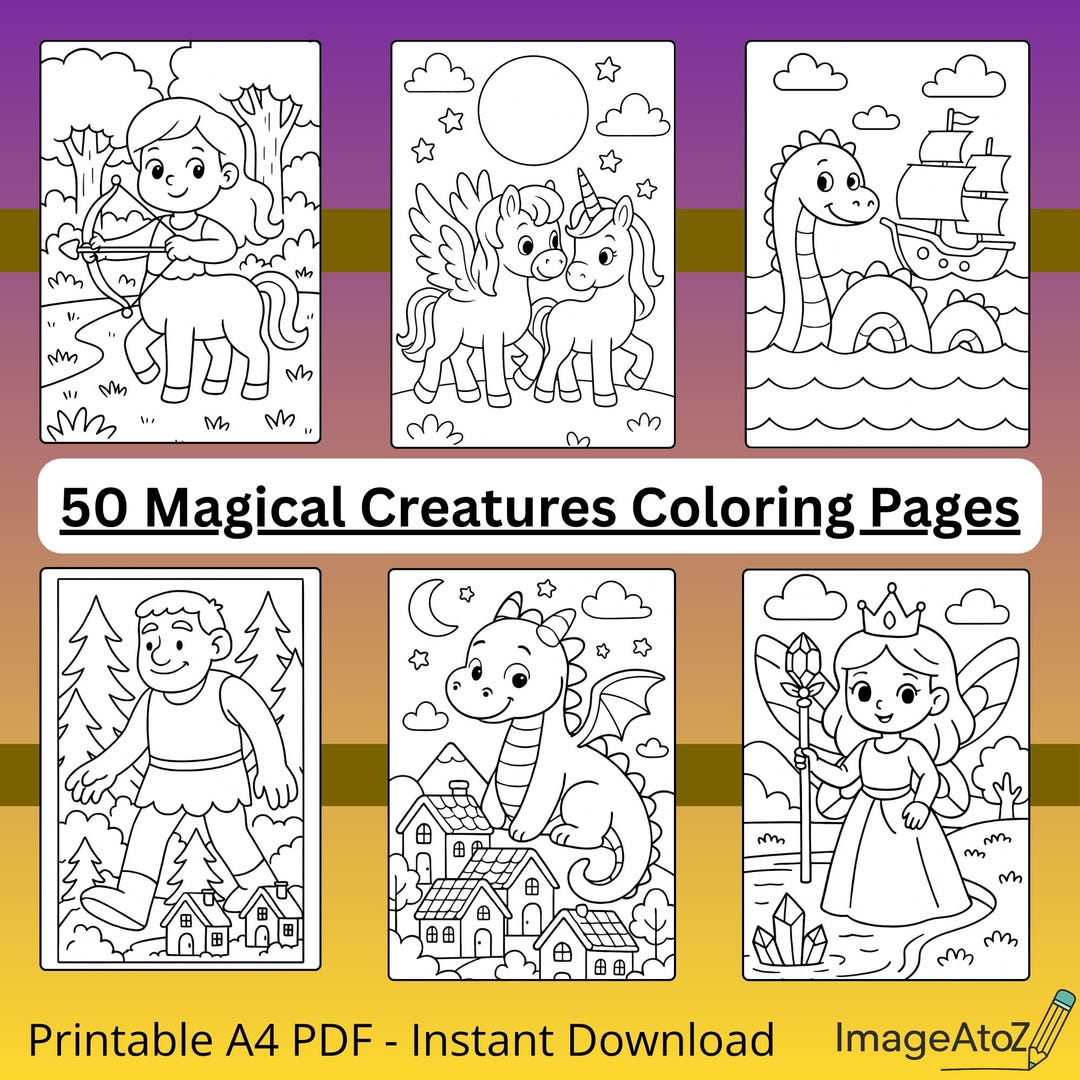 50 Magical Creatures Coloring Pages - Printable A4 (PDF) - Etsy