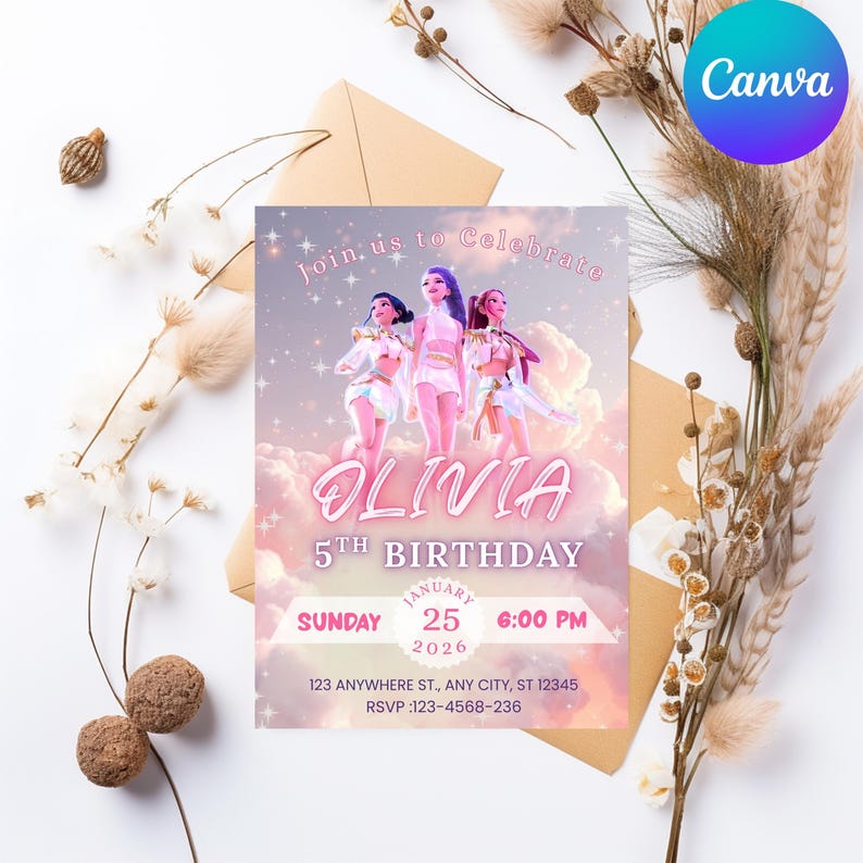 Kpop Demon Hunters Birthday Invitation, Anime Theme Party, Huntrix ...