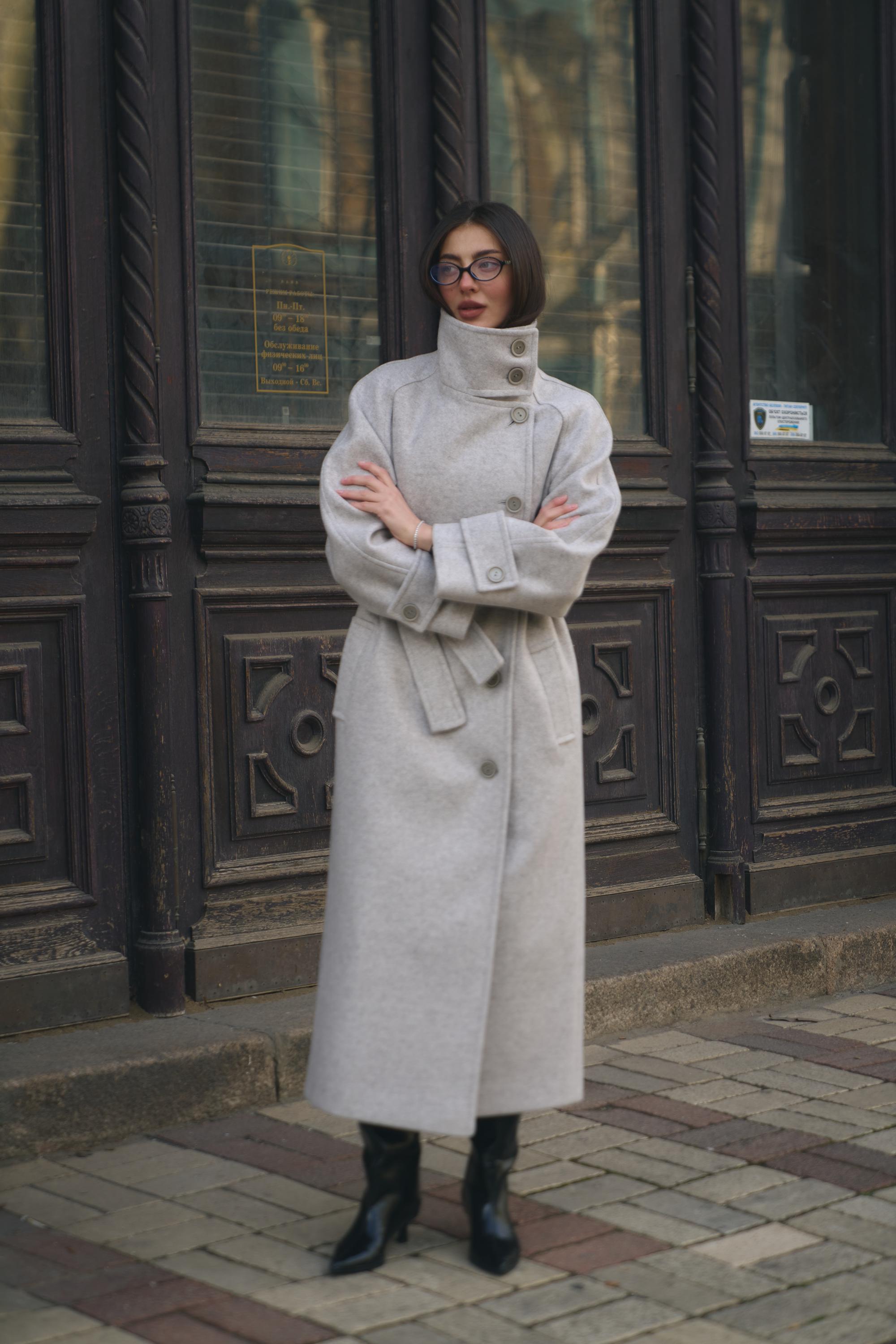 High-collar Coat. Straight Fit Women's Grey Overcoat. Women's Outerwear ...