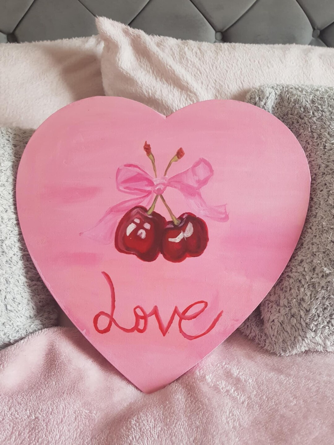Pink Heart Shaped Canvas Cherry Painting - Hand Painted Wall Art - Gift ...