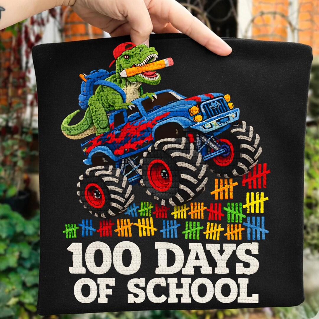 100 Days of School Monster Truck PNG. Faux Yarn Dinosaur Trex 100th Day ...