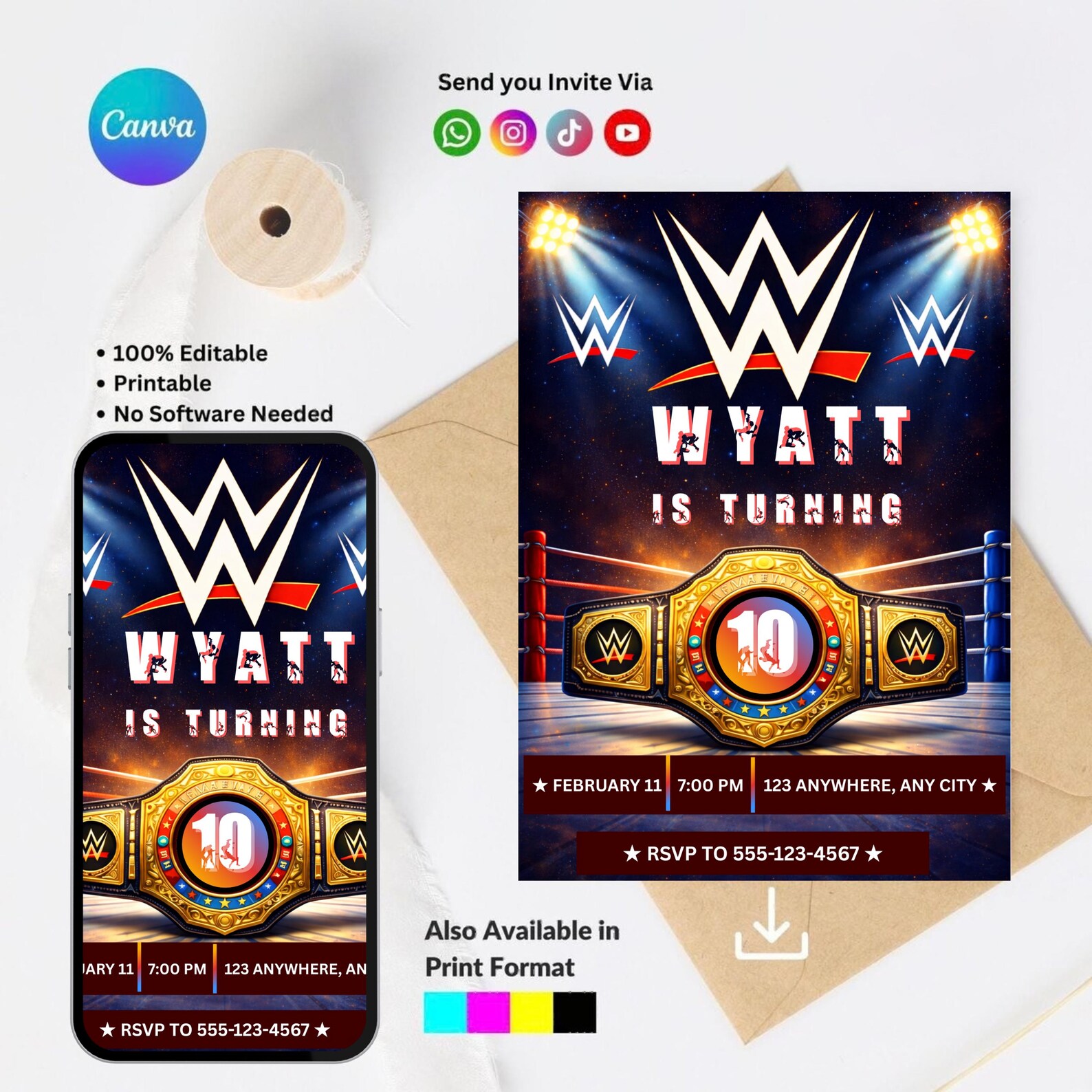 Wwe Birthday Invitation, Wwe Invitation Template, Wwe Birthday Party ...