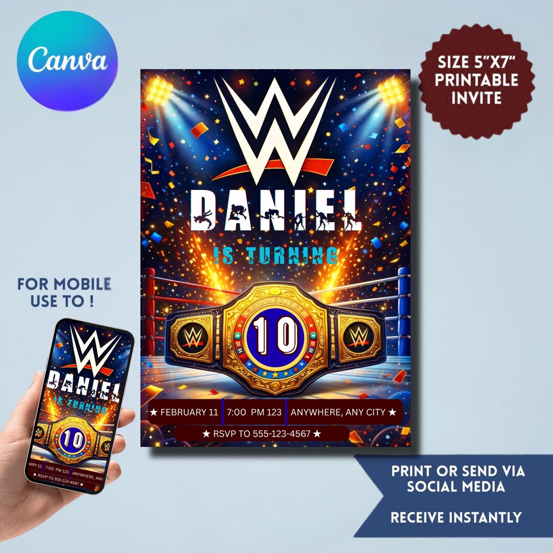 Wwe Birthday Invitation, Wwe Invitation Template, Wwe Birthday Party ...
