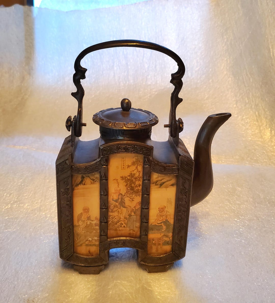 Antique Chinese Cast Metal TEAPOT With Reverse Painted Panels Depicting ...