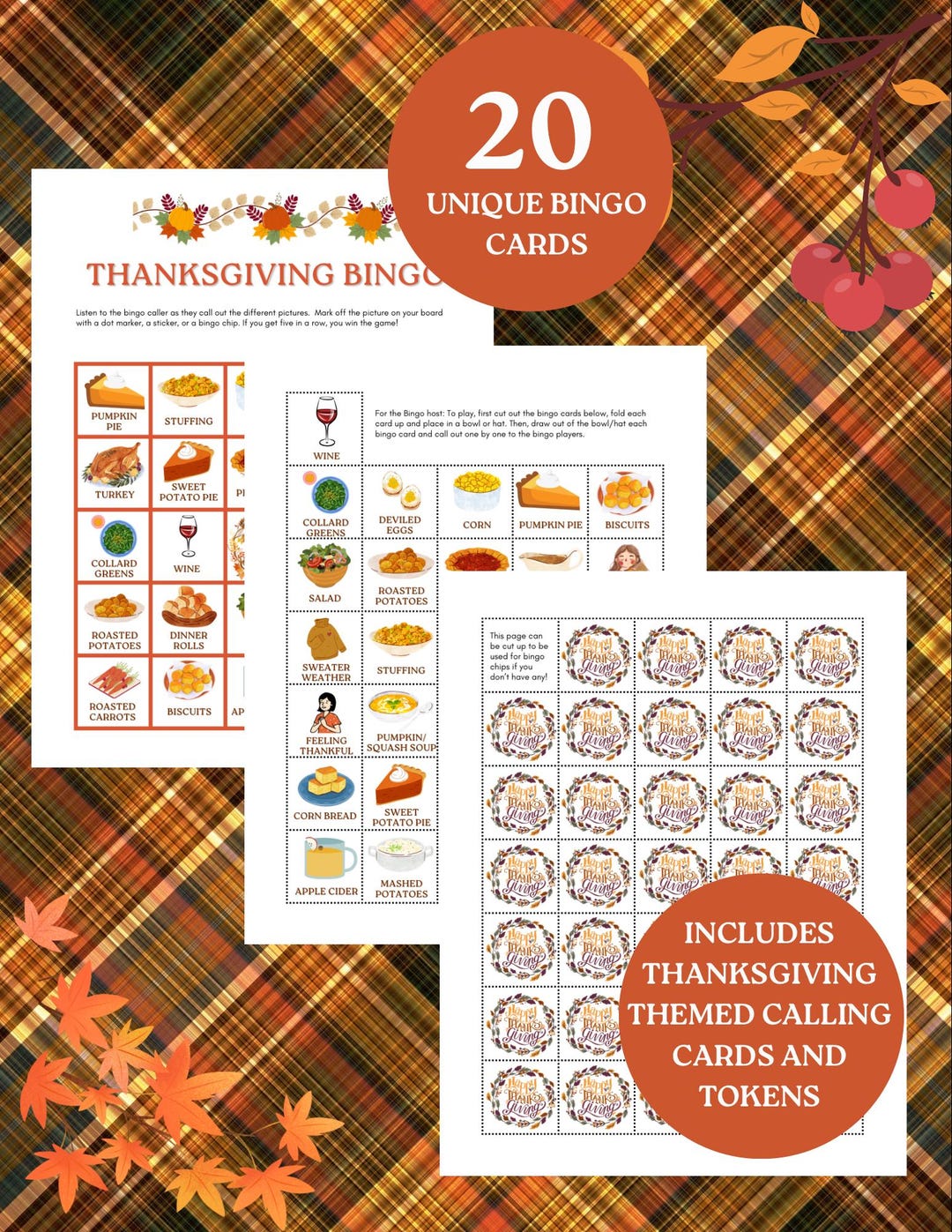 Thanksgiving Bingo Game, 20 Unique Cards, Fall Activity (PDF) - Etsy