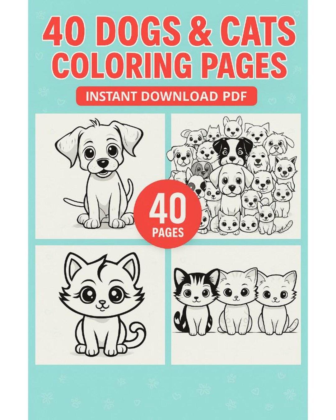 Dogs and Cats Coloring Pages, 40 Animal Designs (digital Download) - Etsy