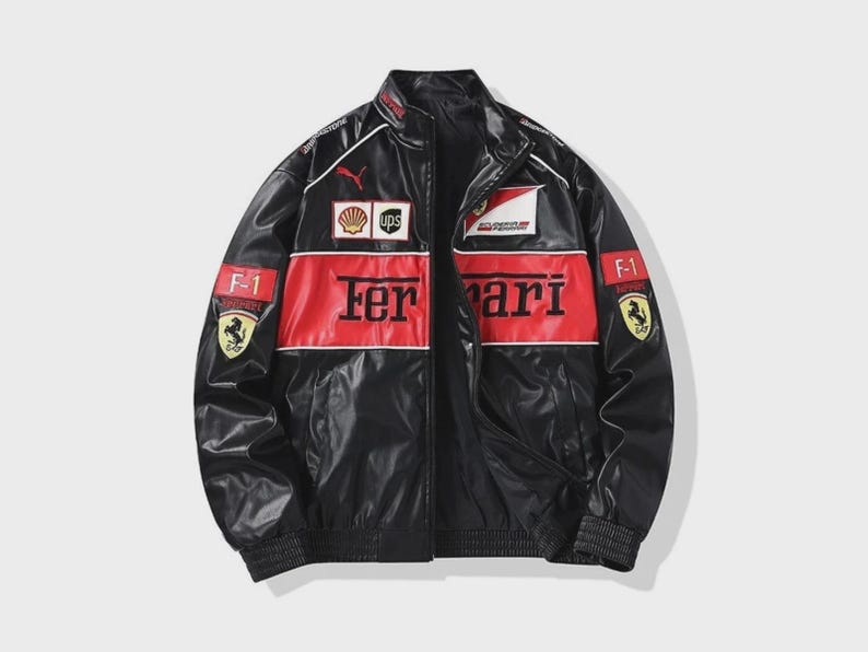 Vintage Ferrari Leather Racing Jacket – Handmade F1 Bomber Black & Red ...