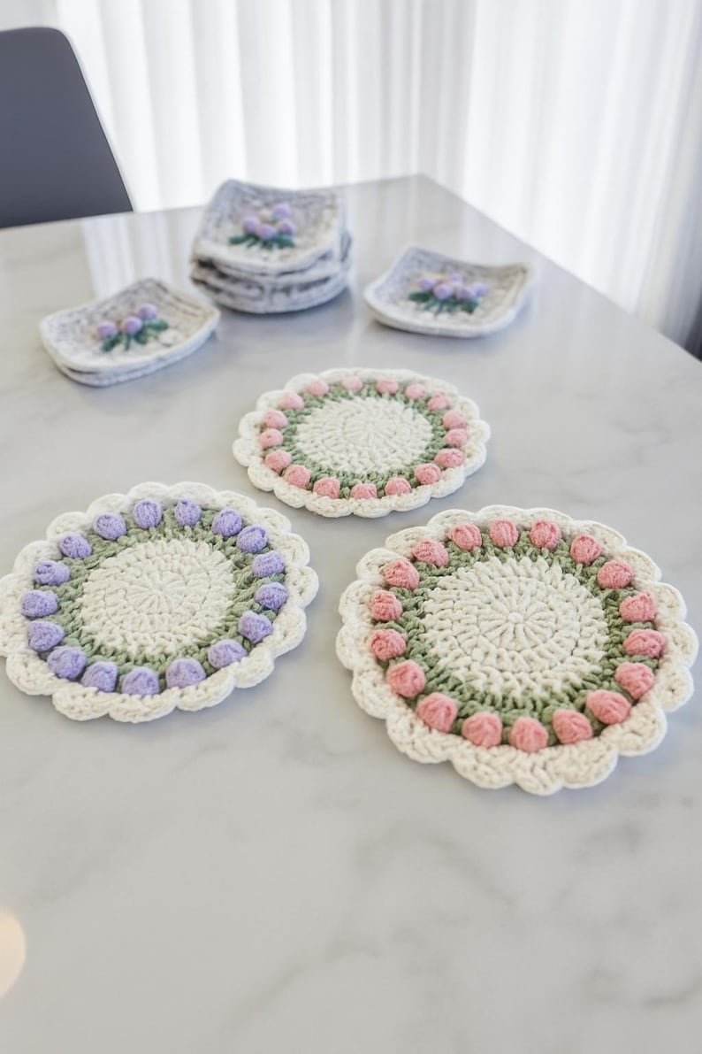 Crochet Tulip Coasters – Pastel Floral Cotton Coaster Set - Etsy
