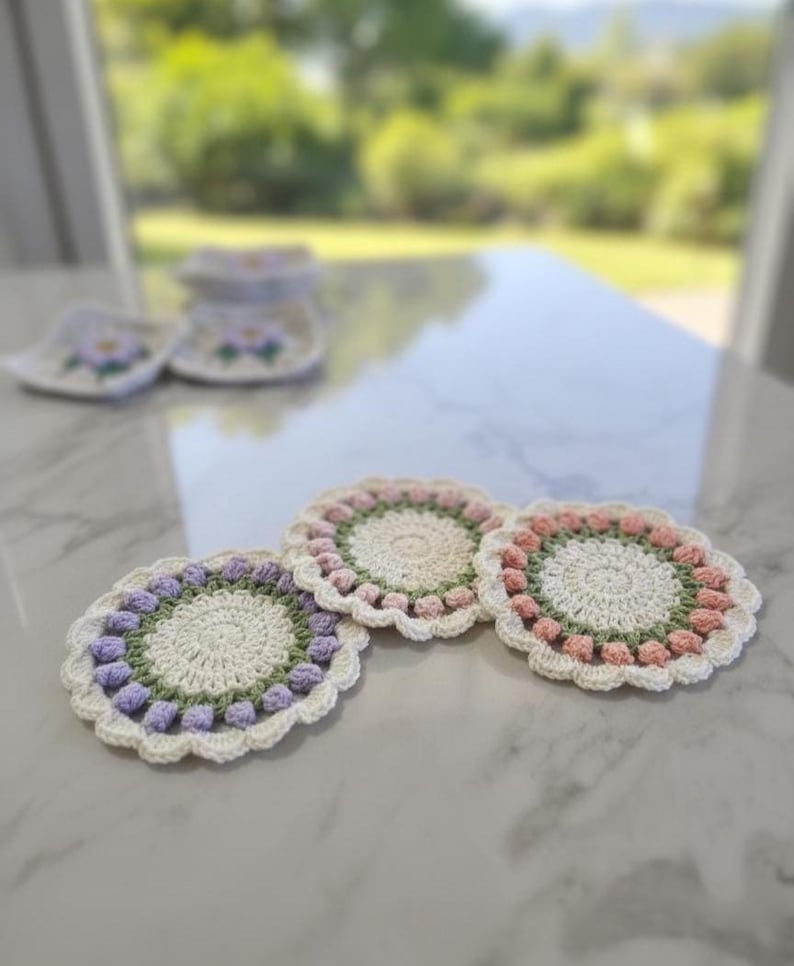 Crochet Tulip Coasters – Pastel Floral Cotton Coaster Set - Etsy