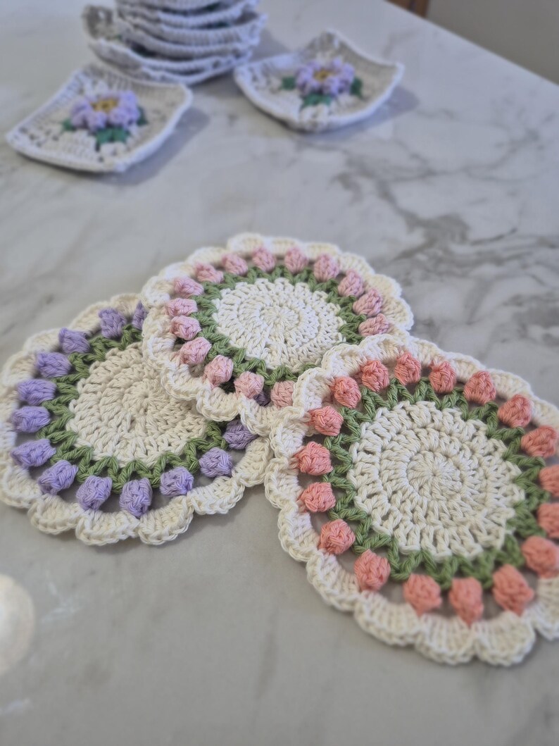 Crochet Tulip Coasters – Pastel Floral Cotton Coaster Set - Etsy