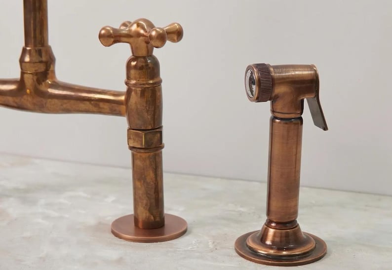 Unlacquered Copper Bridge Kitchen Faucet With Sprayer, Vintage Style - Etsy