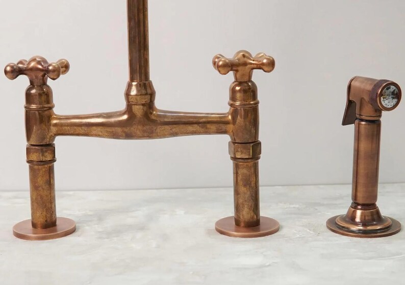 Unlacquered Copper Bridge Kitchen Faucet With Sprayer, Vintage Style - Etsy