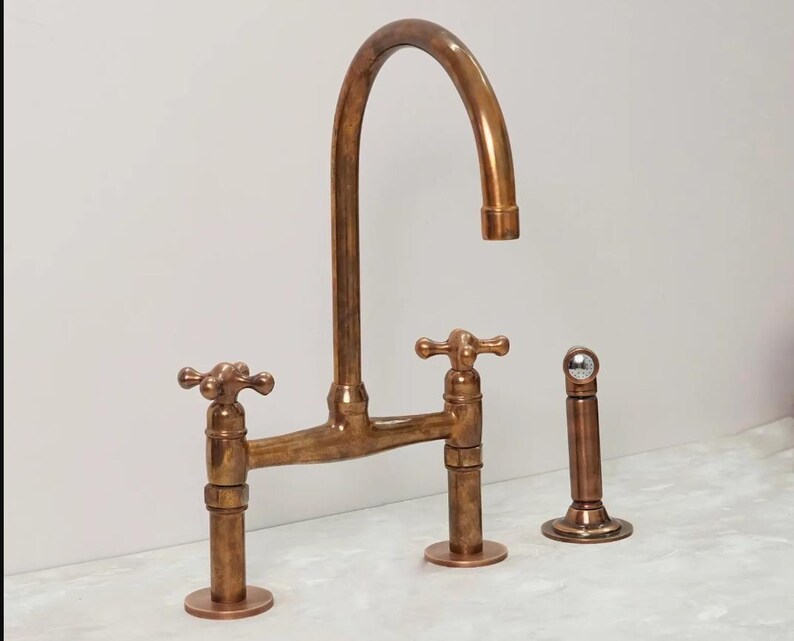 Unlacquered Copper Bridge Kitchen Faucet With Sprayer, Vintage Style - Etsy