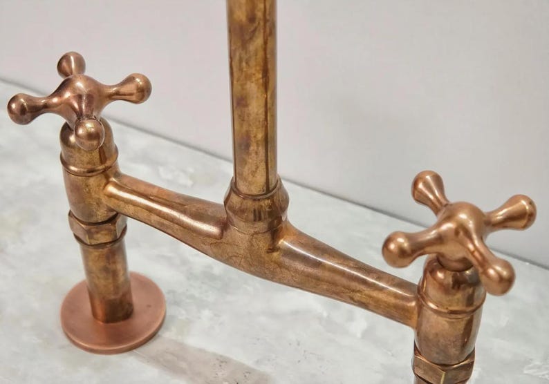 Unlacquered Copper Bridge Kitchen Faucet With Sprayer, Vintage Style - Etsy