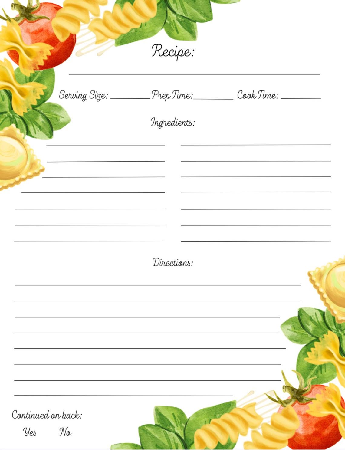 Pasta Recipe Card - Etsy