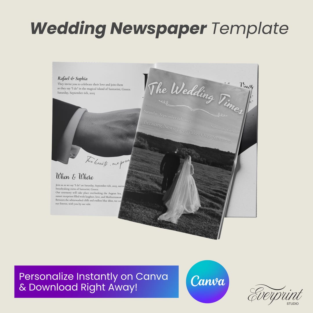 Editable Wedding Newspaper Template Canva, Black and White Wedding ...
