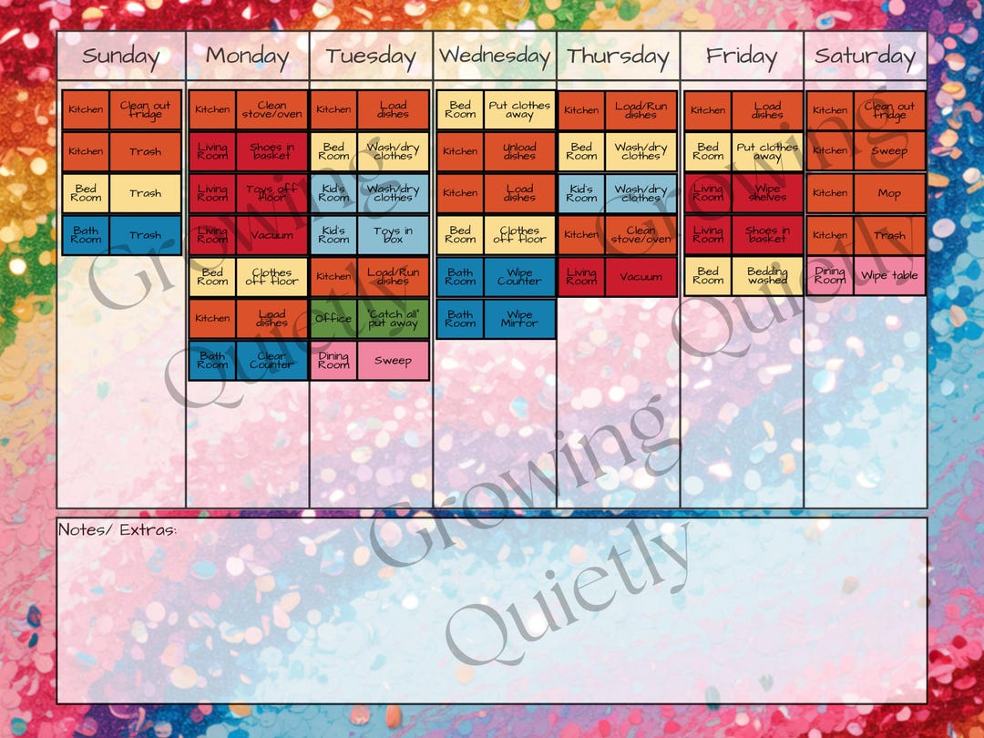 Color-coded Weekly Cleaning Schedule – Adhd-friendly Chore Chart ...