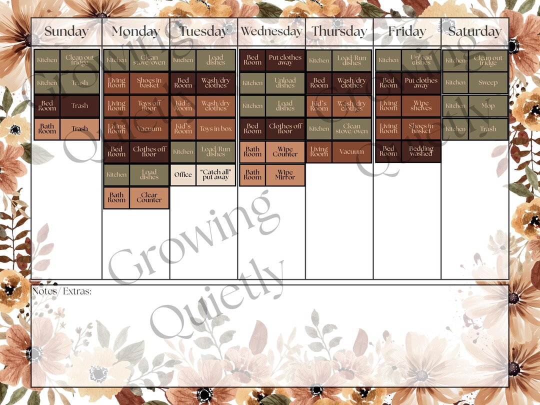 Color-coded Cleaning Schedule – Adhd-friendly Weekly Chore Chart ...