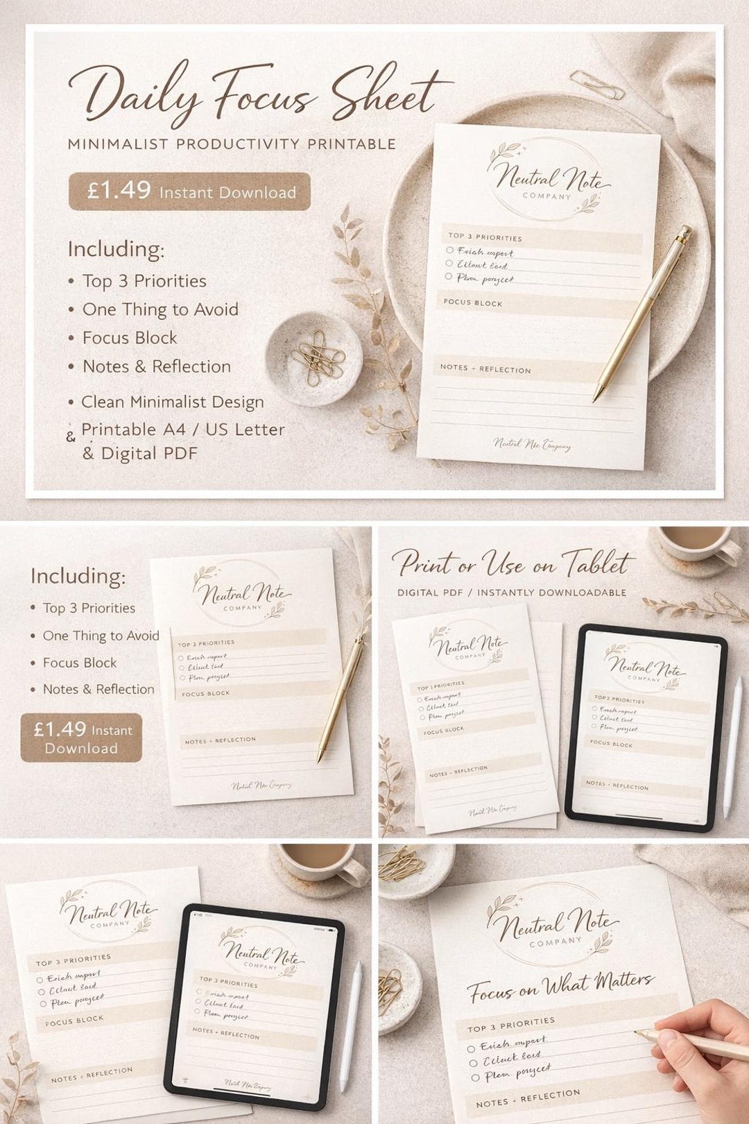 Daily Focus Sheet | Minimalist Productivity Printable | Simple Daily ...