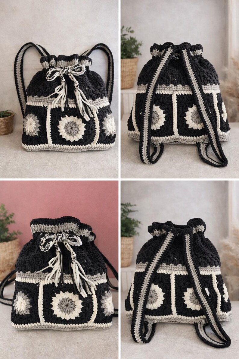 Handmade Crochet Granny Square Backpack. Drawstring Bag. Black ...