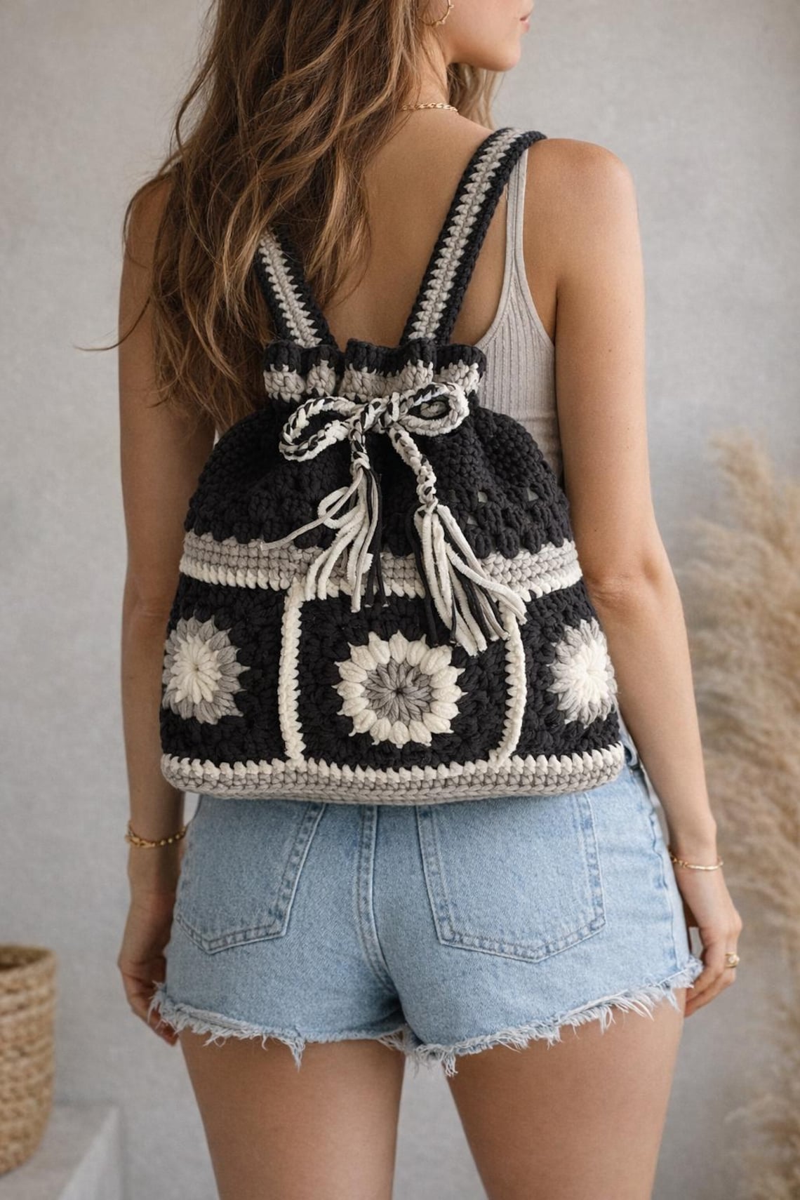 Handmade Crochet Granny Square Backpack. Drawstring Bag. Black ...