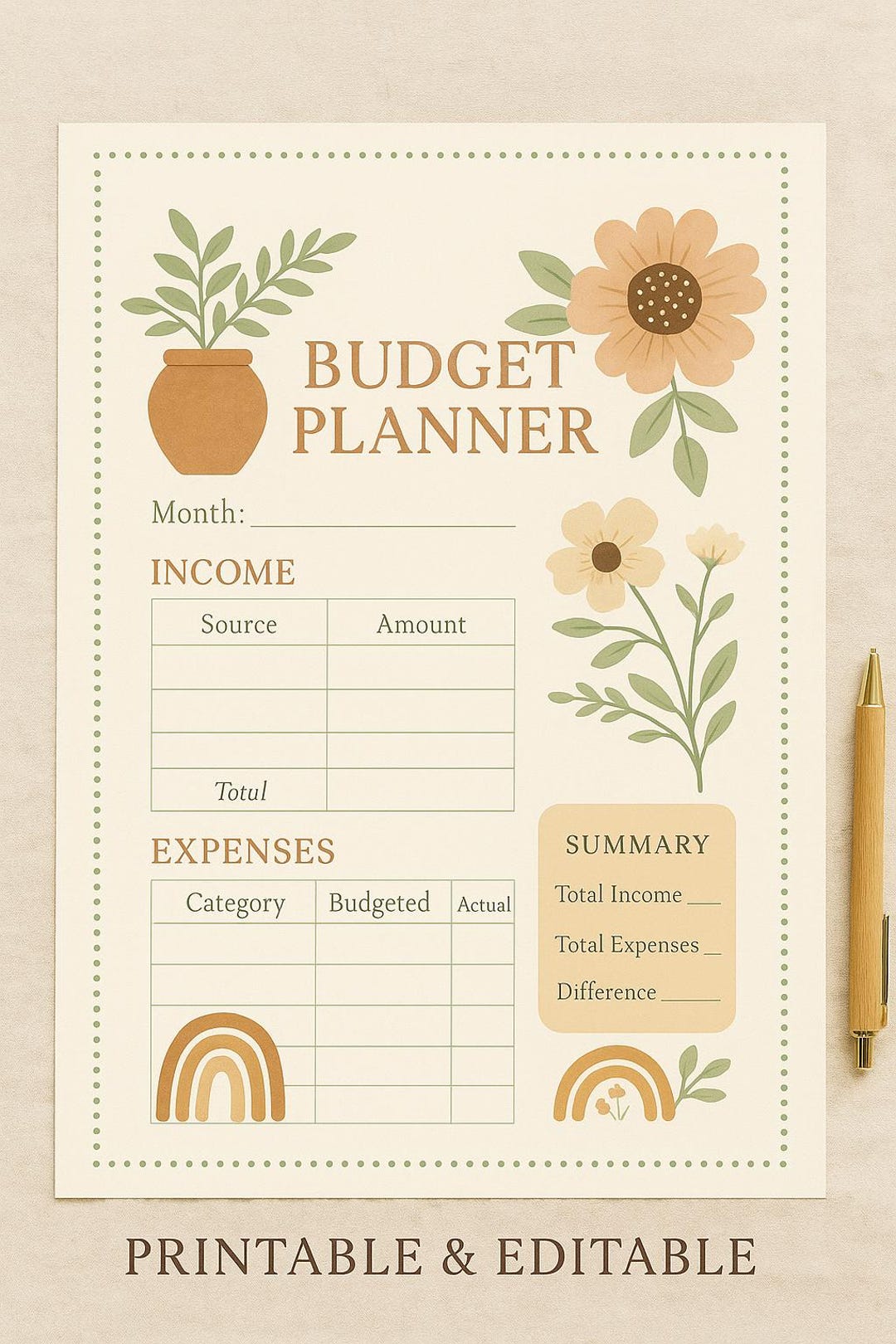 Boho Cottagecore Budget Planner | Printable & Editable | Muted Floral ...