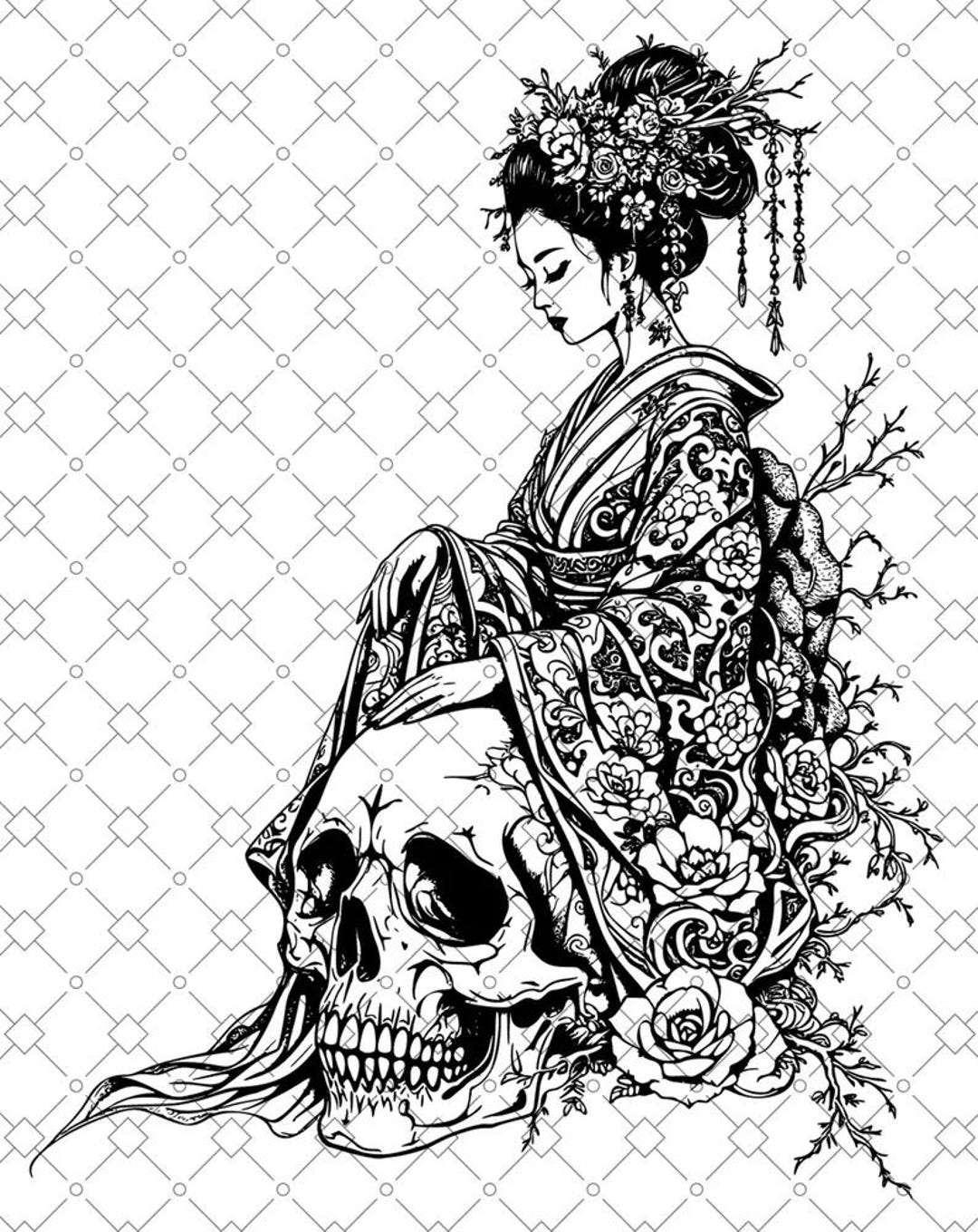 Japanese Woman Geisha Skull Line Art SVG Png DXF Pdf | Tattoo Style ...