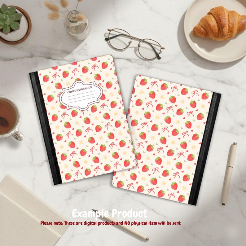 Cute Strawberry Coquette Bow Composition Notebook Cover Printable Book ...