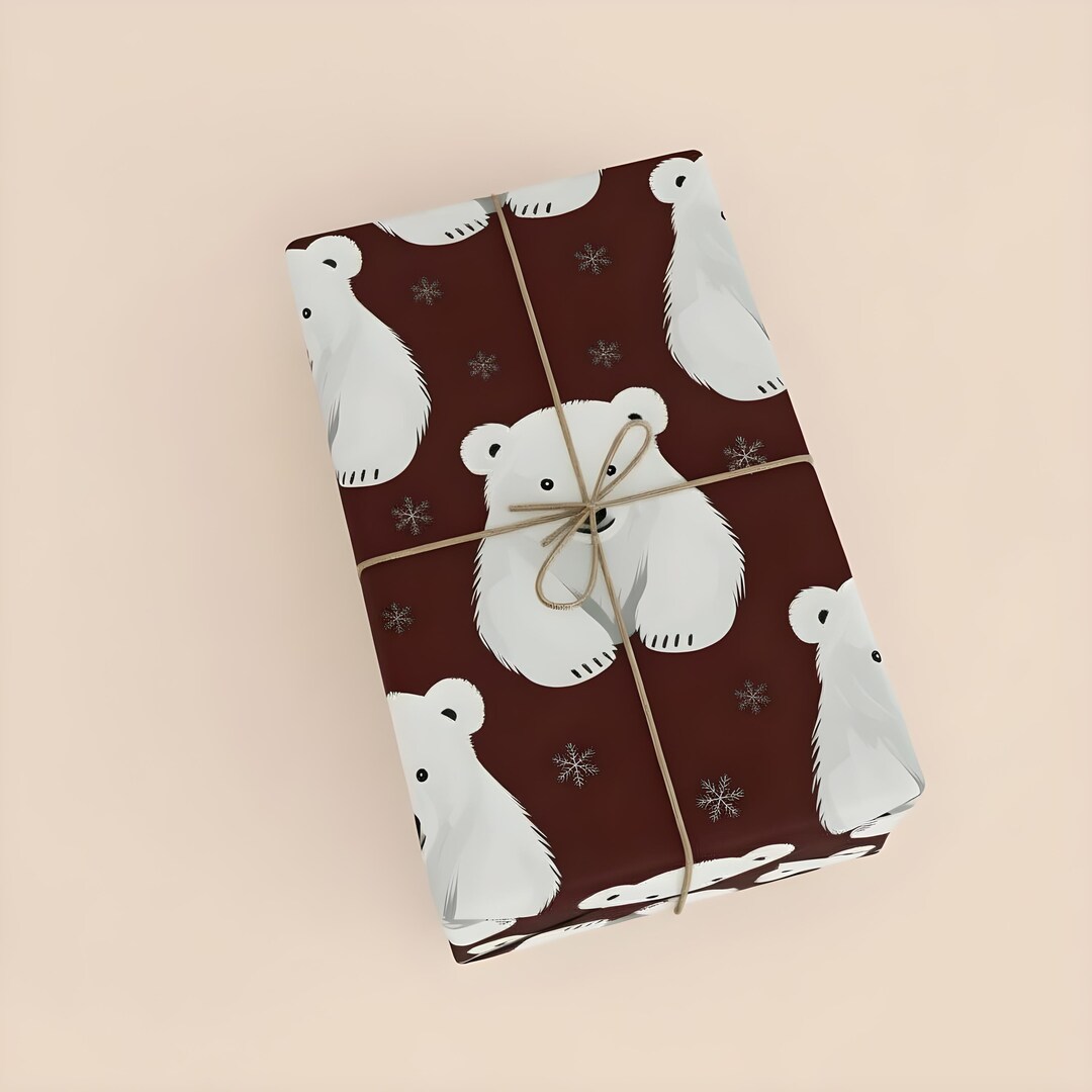 Polar Bear Pattern Wrapping Paper | Holiday Snowflake Wrap, Burgundy - Etsy