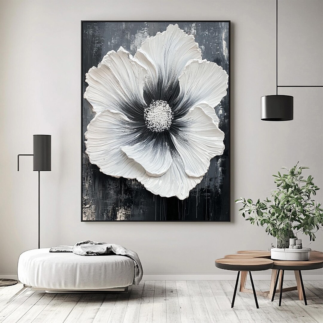 3D White Texture Flower Painting,black and White Floral Wall Art,modern ...