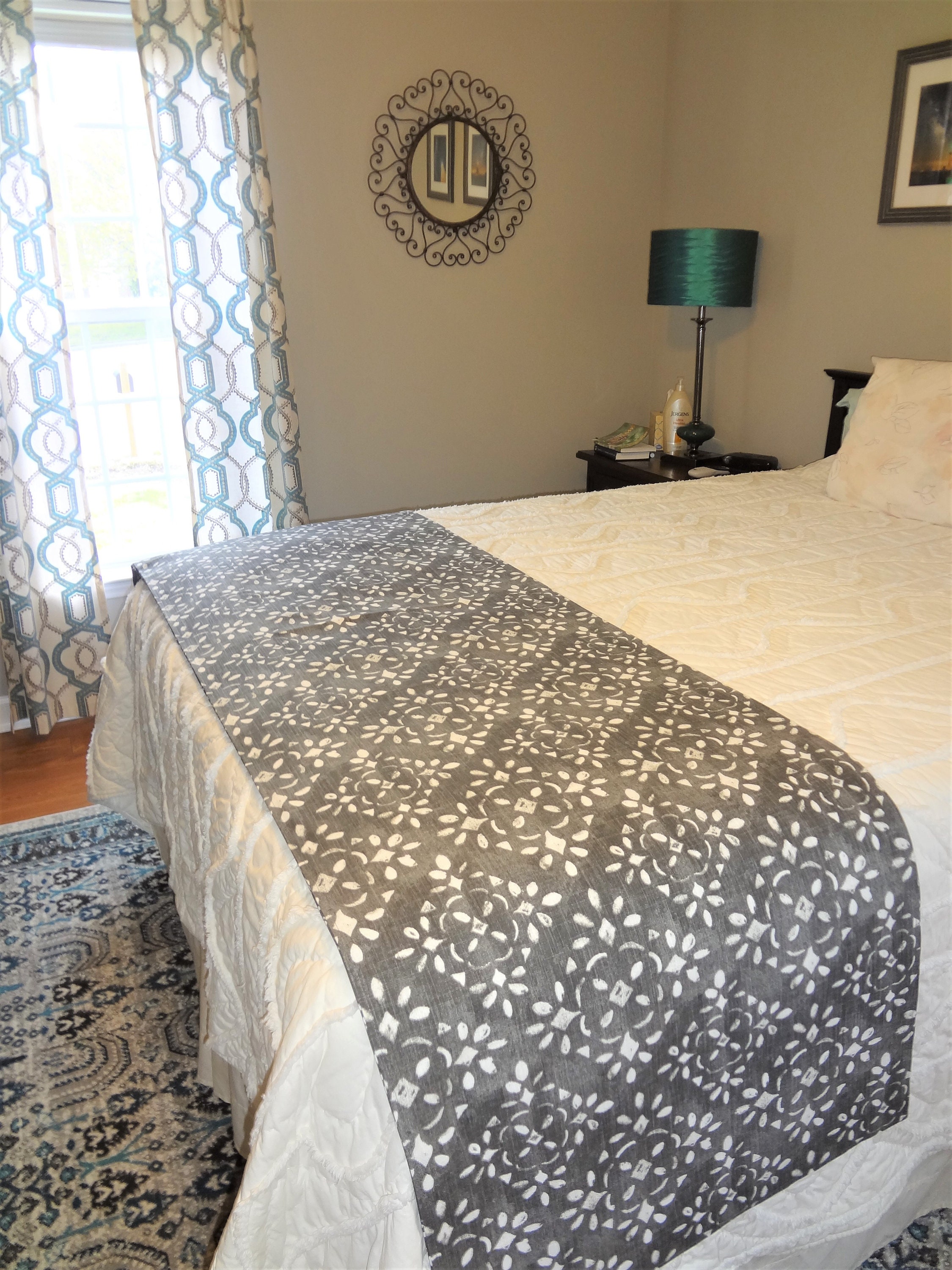 Avila Floral Grey Charcoal Raspberry Blue Geometric Bed Runner - Etsy