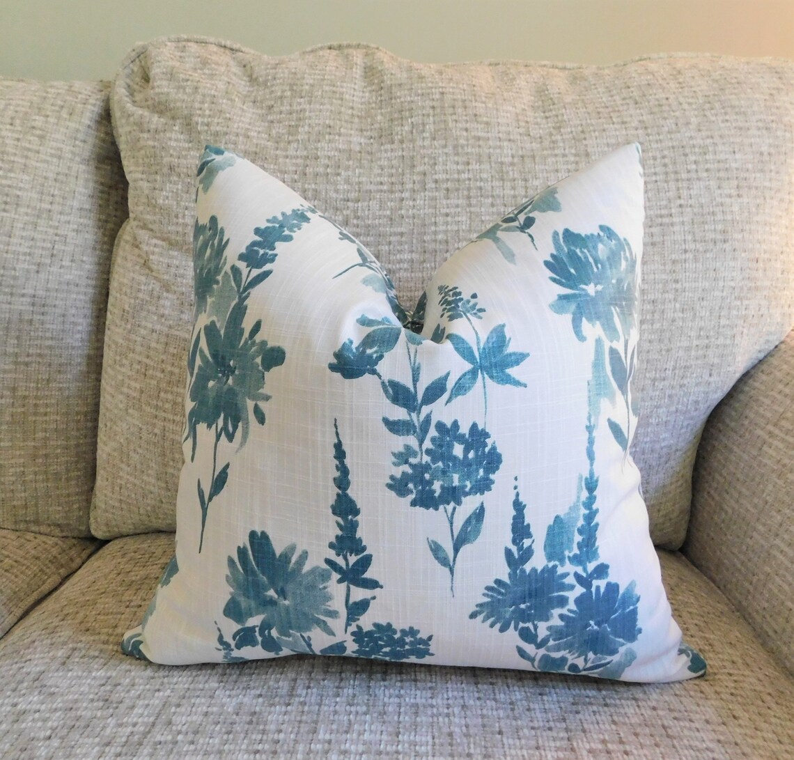 Plantation Blue Teal Ivory Floral Couch Throw Pillow Cover by | Etsy