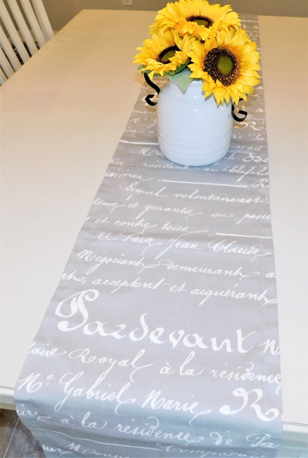 Grey White Script Penmanship Table Runner Home Decor Dining Room ...