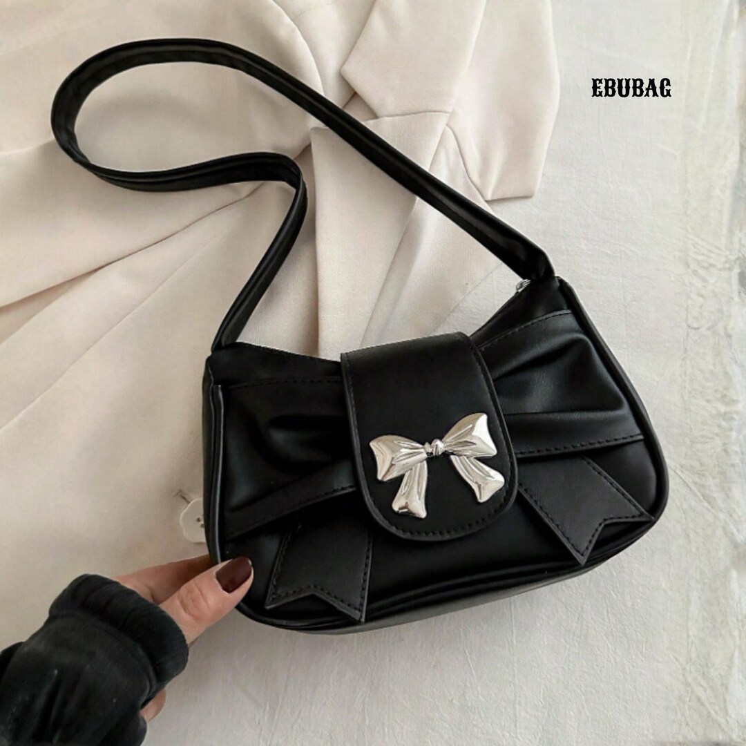 Folded PU Leather Crescent Moon Shoulder Bag With Metal Bowknot ...