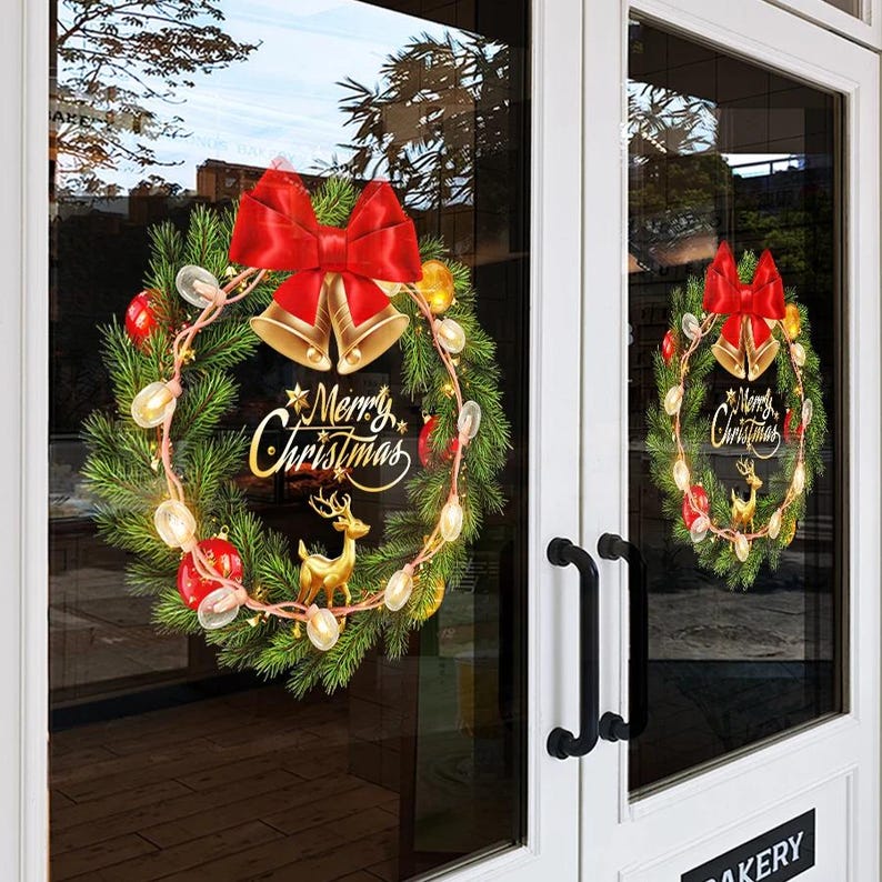 45x45cm Christmas Garland Window Sticker, Bells & Bow Design PVC Static ...