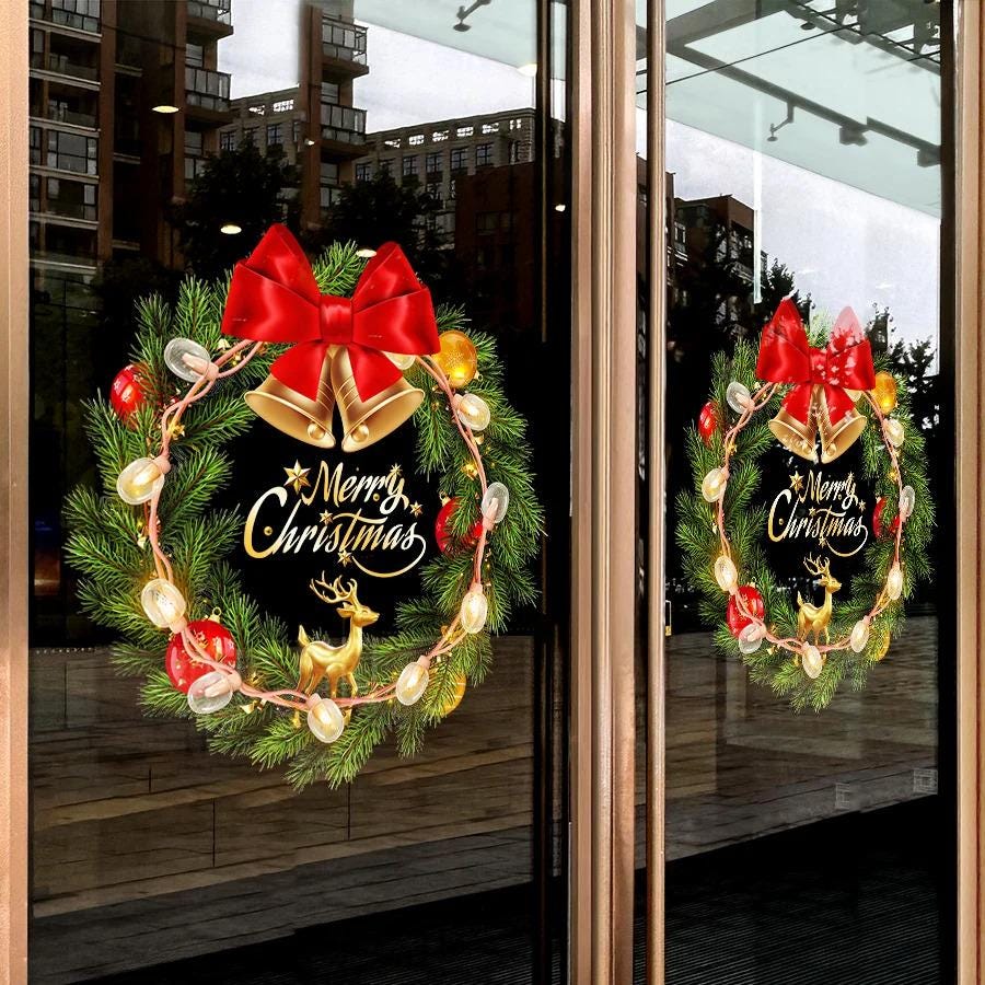 45x45cm Christmas Garland Window Sticker, Bells & Bow Design PVC Static ...