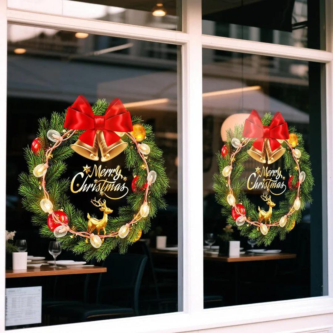 45x45cm Christmas Garland Window Sticker, Bells & Bow Design PVC Static ...