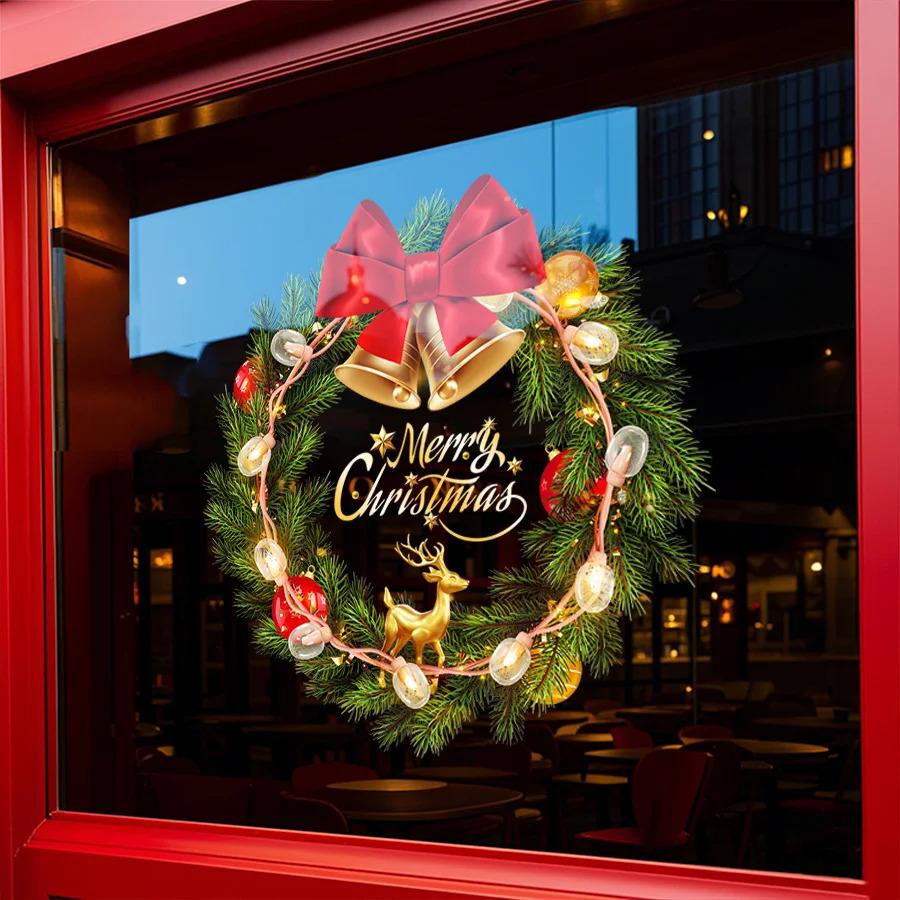 45x45cm Christmas Garland Window Sticker, Bells & Bow Design PVC Static ...