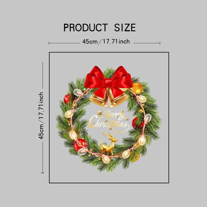 45x45cm Christmas Garland Window Sticker, Bells & Bow Design PVC Static ...