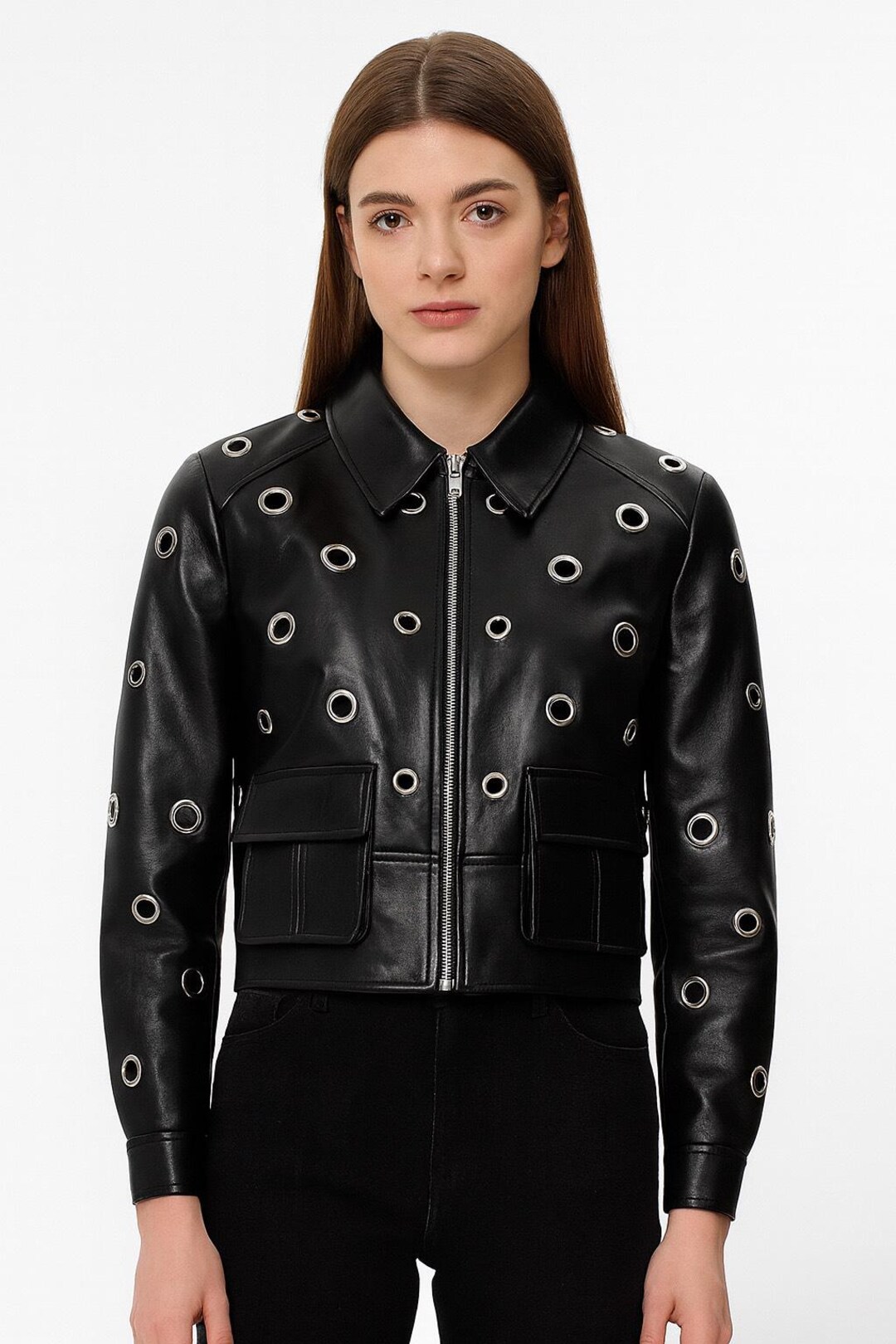 Women's Silver Metal Eyelets Motorcycle Coat Black Real Leather Fashion ...