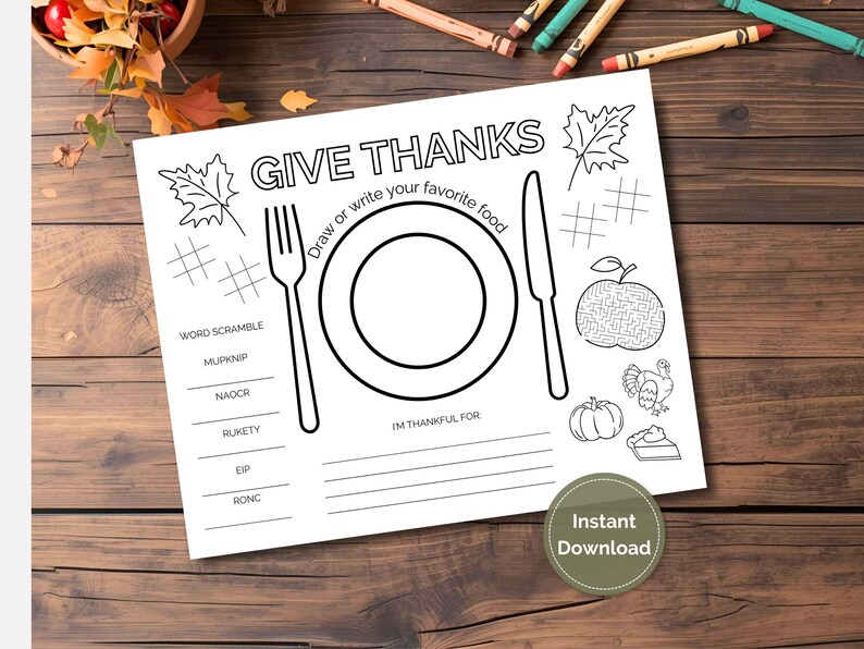 Thanksgiving Kids Activity Placemat | Printable Coloring Page (PDF) - Etsy
