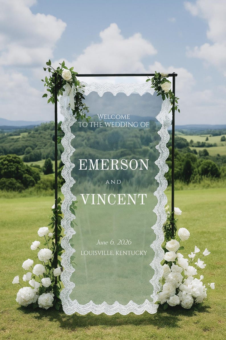 Personalized Sheer Chiffon Wedding Welcome Sign: Lace Trim, Custom ...