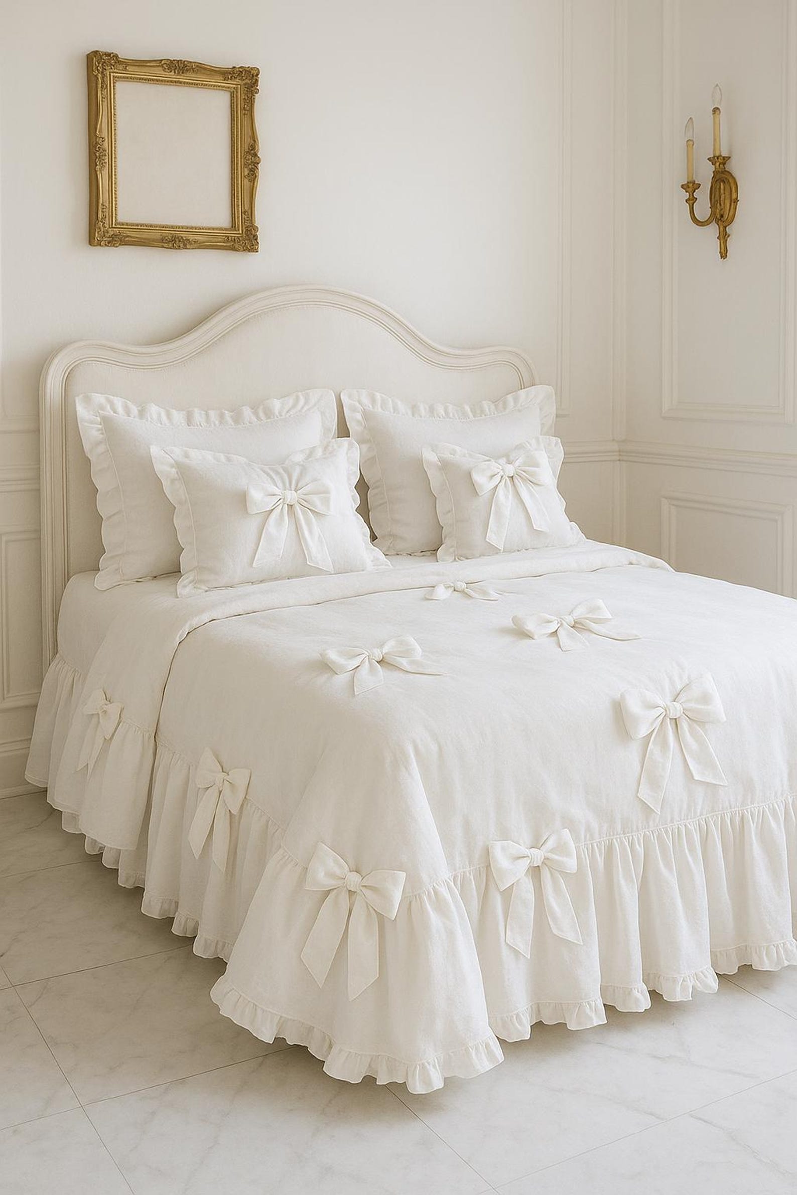 White Bow Bedding Set – Ruffled Bedskirt, Cottagecore Duvet Cover - Etsy
