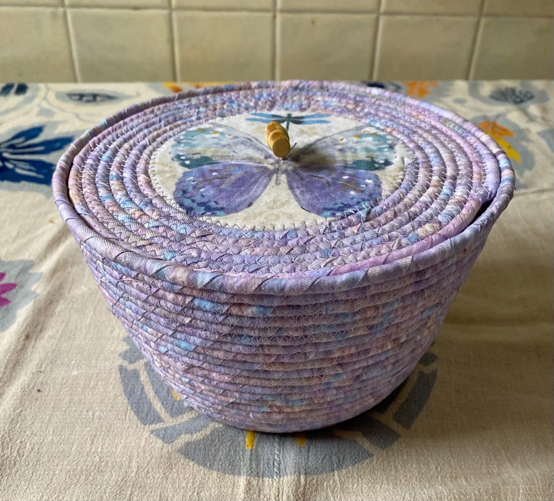 Lavender, Blue & Beige Coiled Rope Container. Butterfly on Lid and at ...