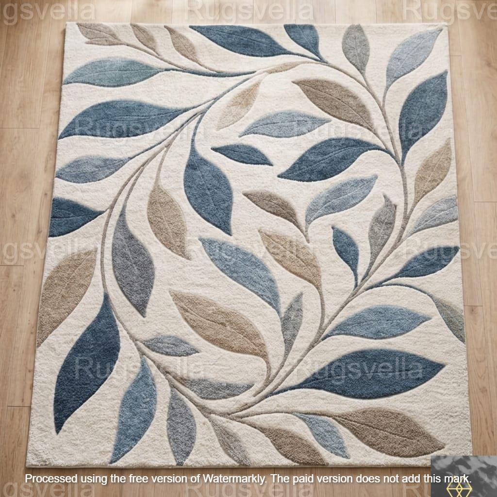 Hand Tufted Wool Rug, Modern Leaf Pattern Rug, Neutral Blue Beige Area ...