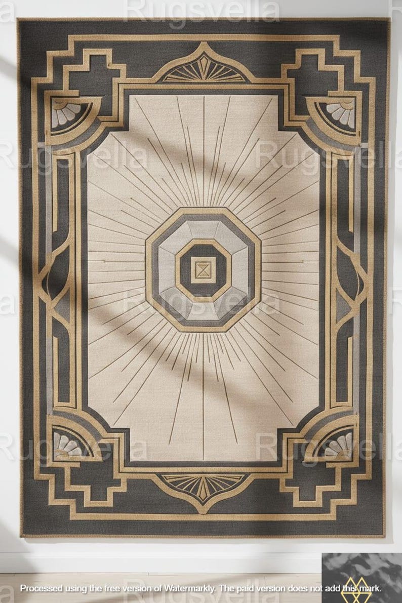 Art Deco Hand Tufted Wool Rug, Luxury Geometric Gold and Charcoal Area ...
